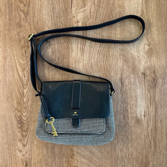 Fossil | Bags | Fossil Kinley Black And White Leather Tweed Crossbody ...